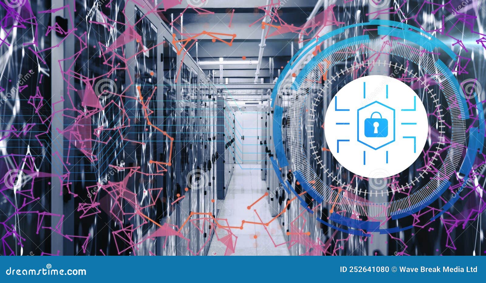 Image of Data Processing with Padlock Icon Over Server Room Stock ...