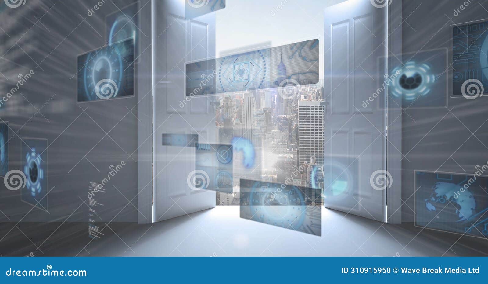 Image of Data Processing with Scope Scanning Over Door and Cityscape ...