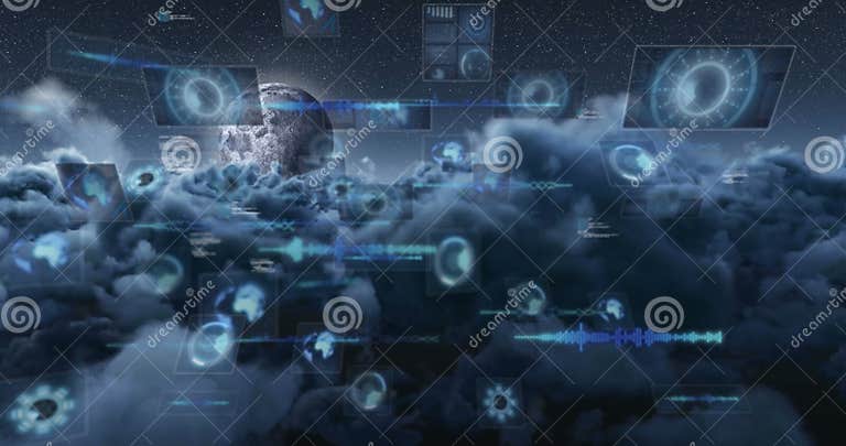 Image of Data Processing with Scope Scanning Over Sky with Moon and Clouds Stock Image - Image ...