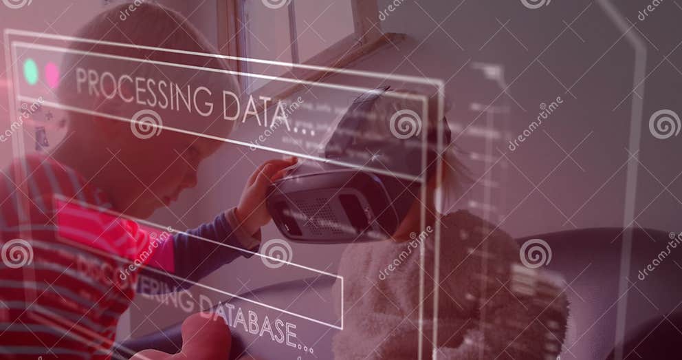 Image of Data Processing on Screen Over Child Playing with Vr Headset ...
