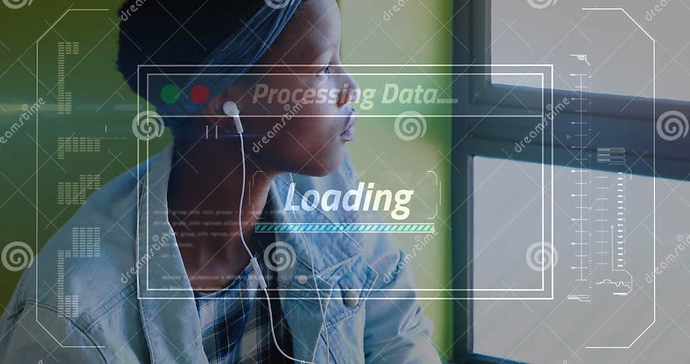 Image of Data Processing on Screen Over Woman Using Smartphone Stock ...