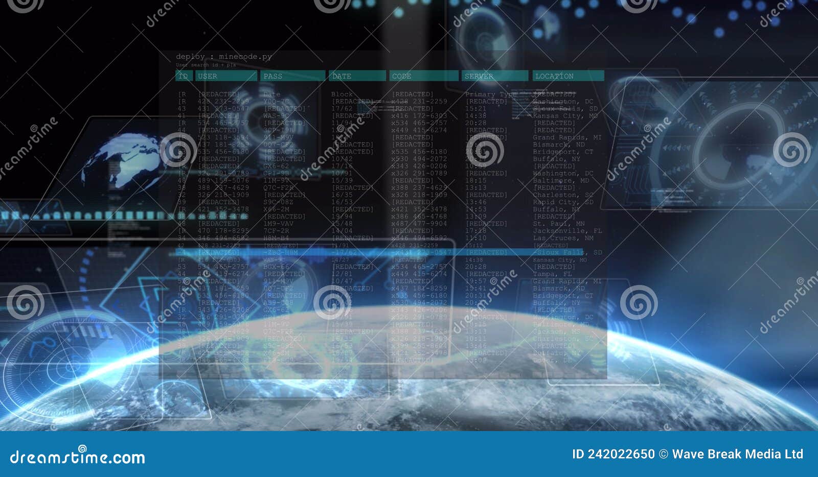 Image of Data Processing on Screens Over Glowing Star and Planet Earth ...