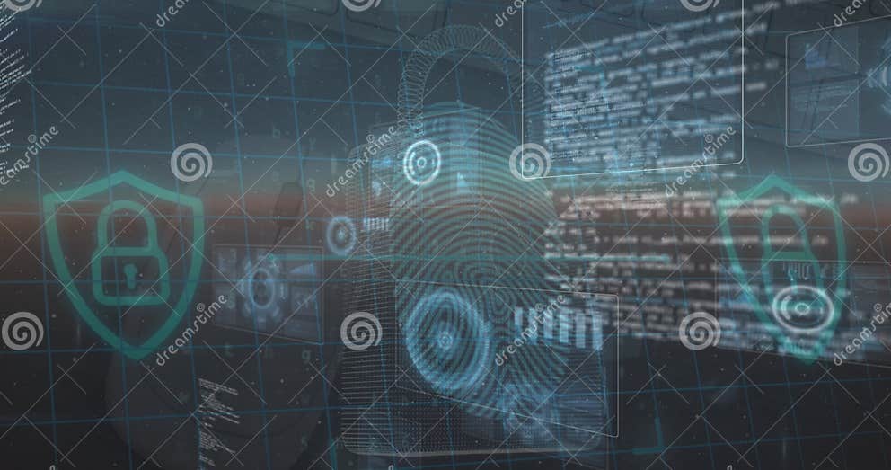 Image of Data Processing and Security Padlock Over Blue Background Stock Illustration ...