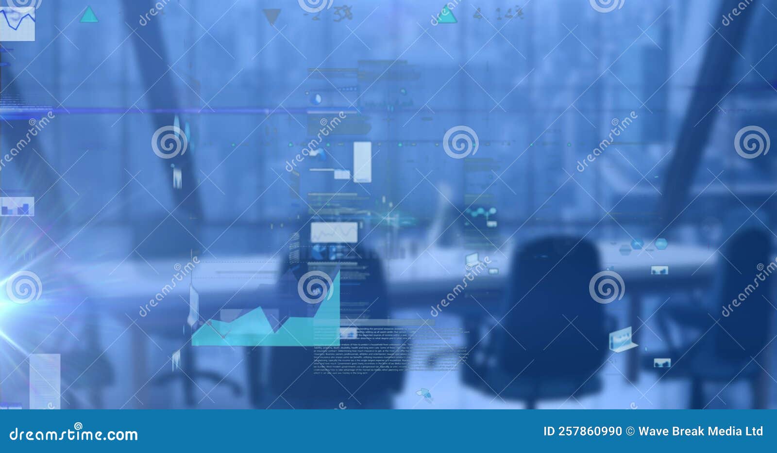 Image of Data Processing with Statistics Over Empty Office on Blue ...