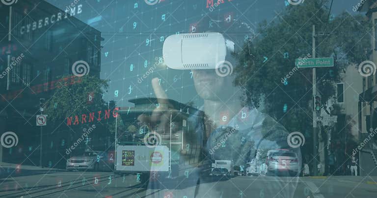 Image of Data Processing and Virus Warning Over Caucasian Man in Vr ...