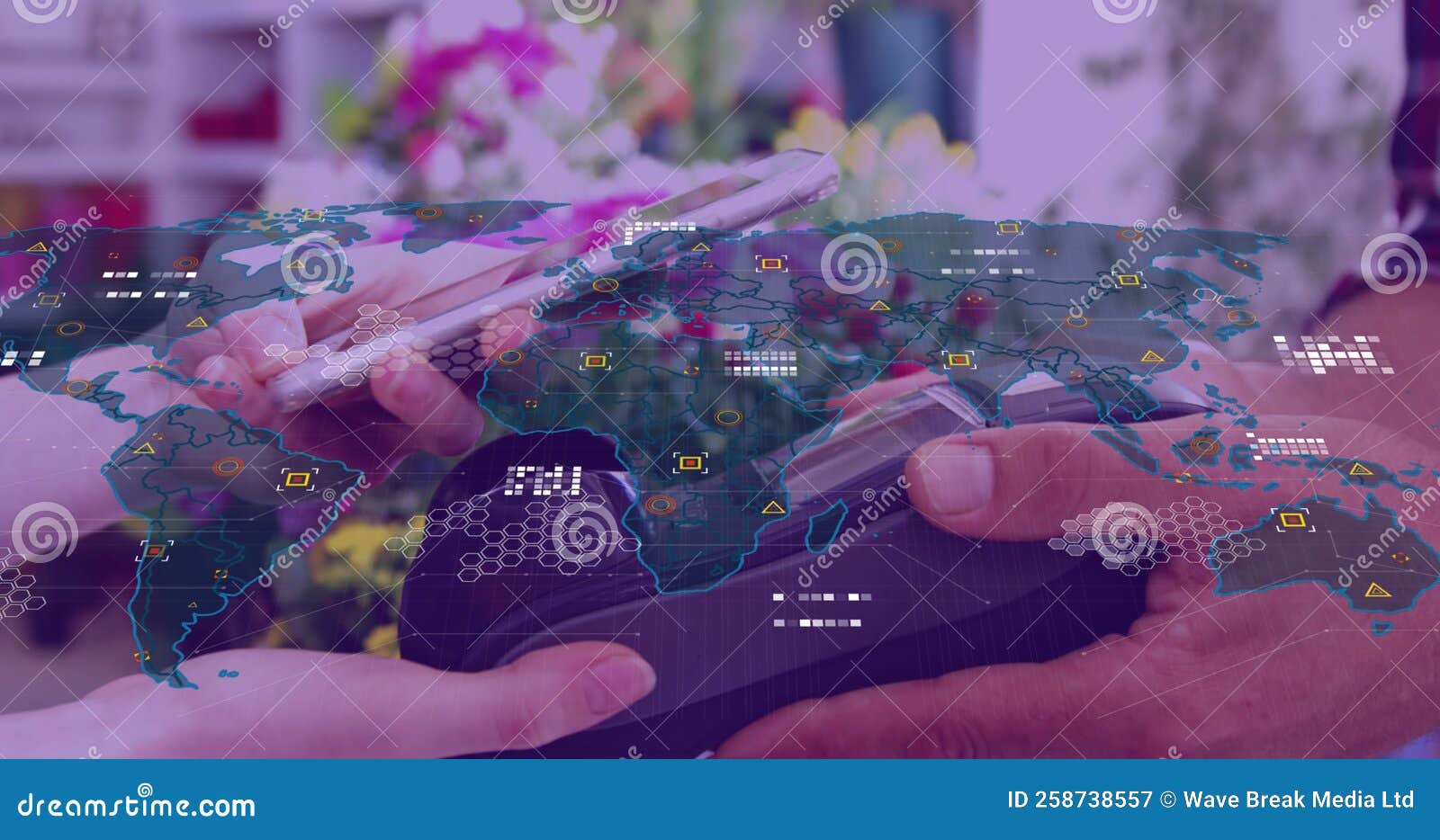 Image of Data Processing with World Map Over Diverse People Paying with ...