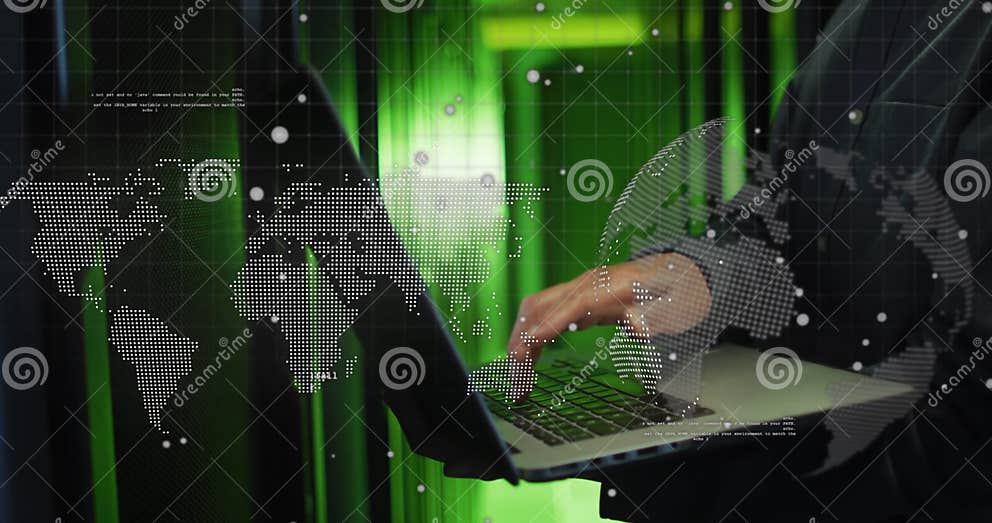 Image of Data Processing, World Map Over Male it Technician Using Laptop by Computer Server ...