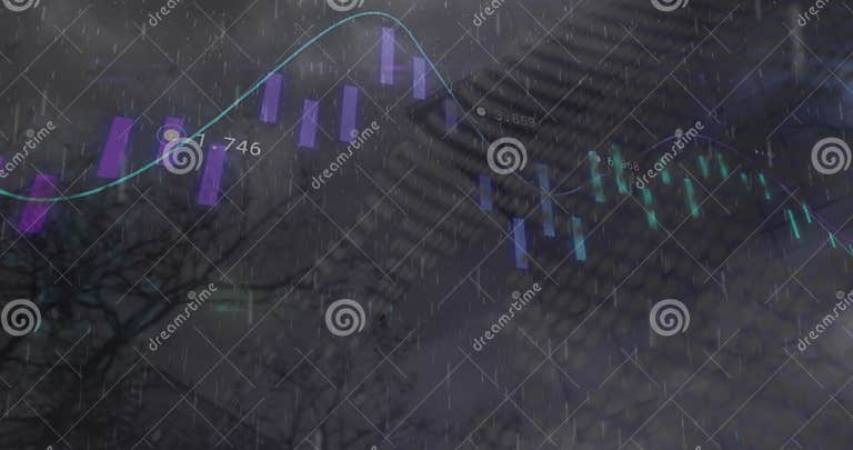 Image of Data Processing and World Map Over Rain Falling Against Tall Building Stock ...