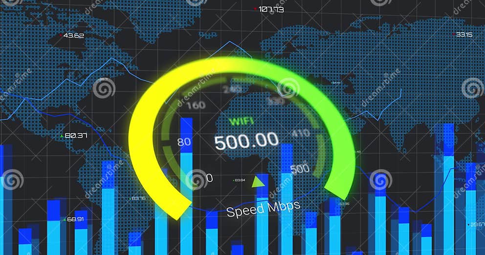 Image of Data Processing and World Map Over Speedometer Stock ...