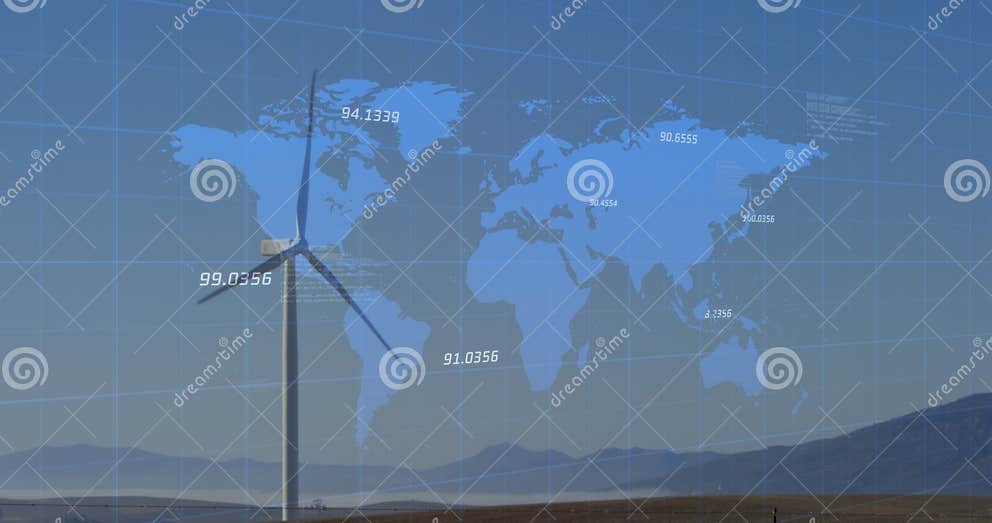 Image of Data Processing and World Map Over Windmill Stock Illustration - Illustration of ...
