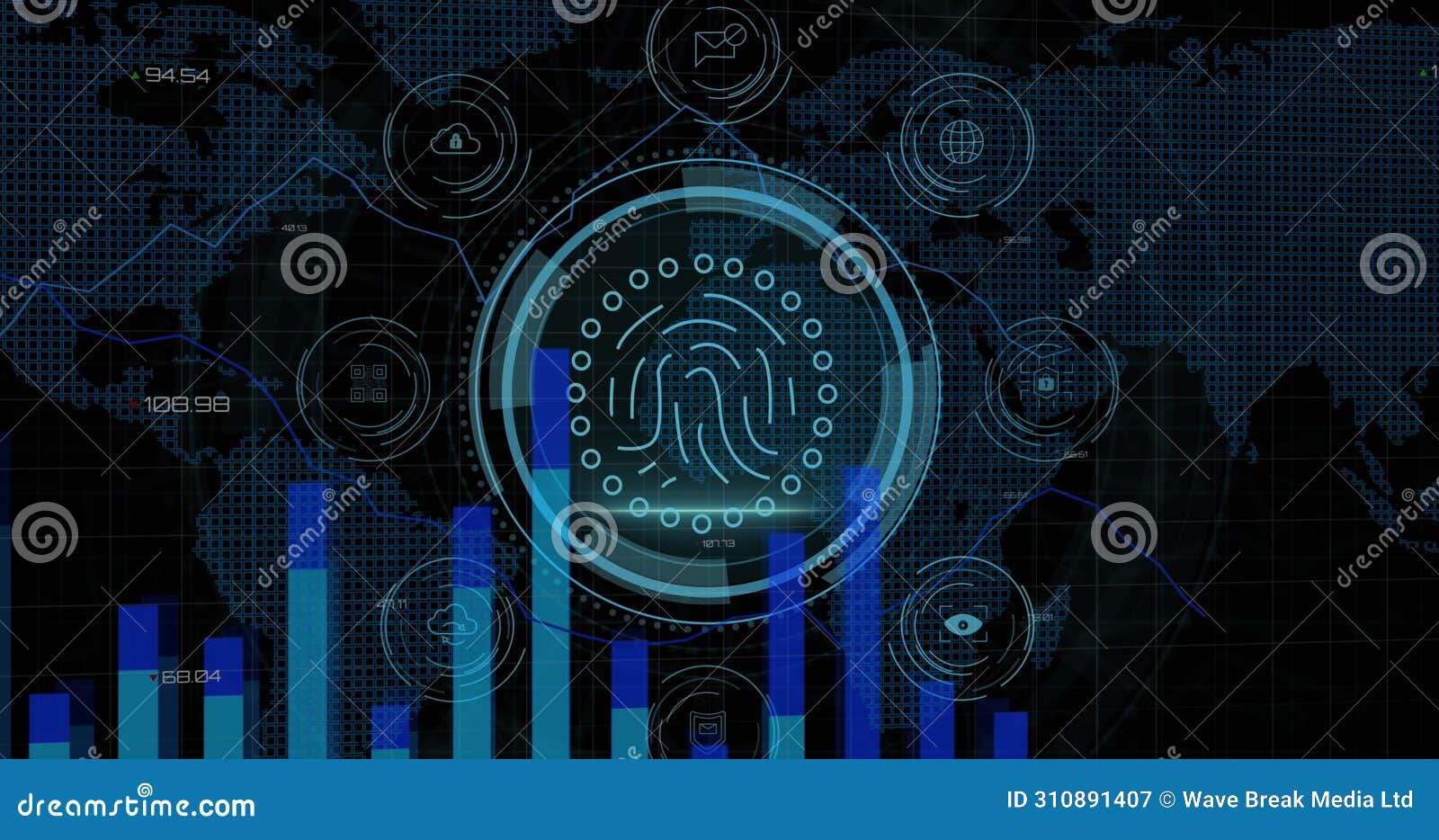 Image of Data Protection and Fingerprint in Circle Over Graph on Black ...