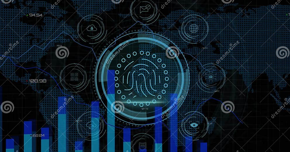 Image of Data Protection and Fingerprint in Circle Over Graph on Black ...