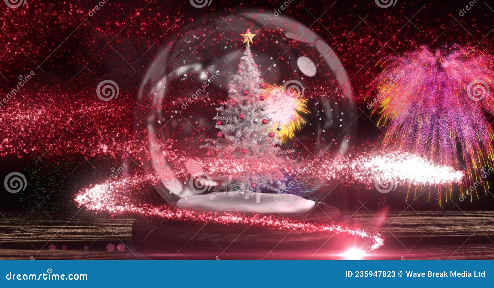 Image of Decorated Christmas Tree in Snow Globe and Colourful Fireworks ...