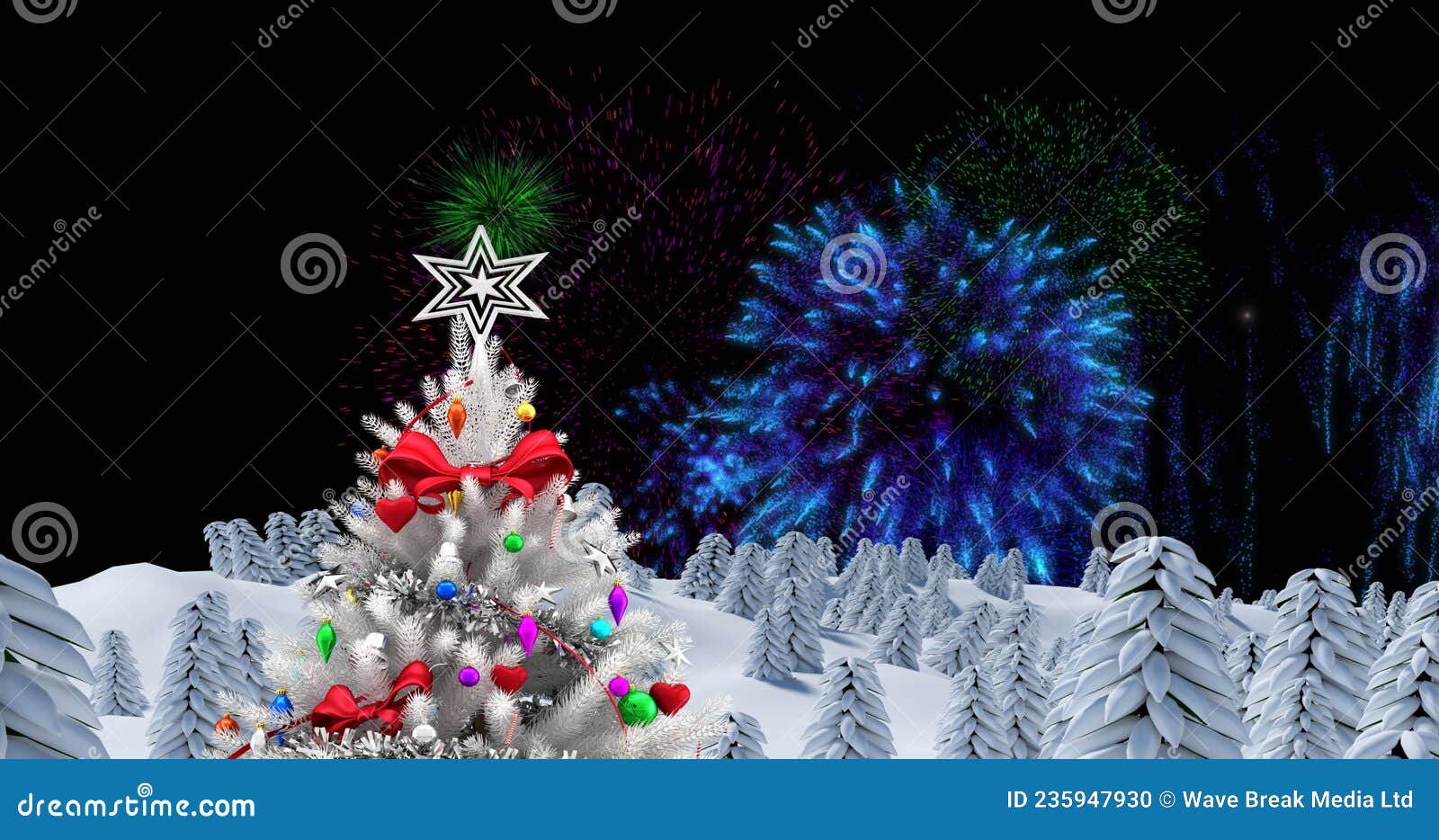 Image of Decorated White Christmas Tree with Fireworks Exploding in ...