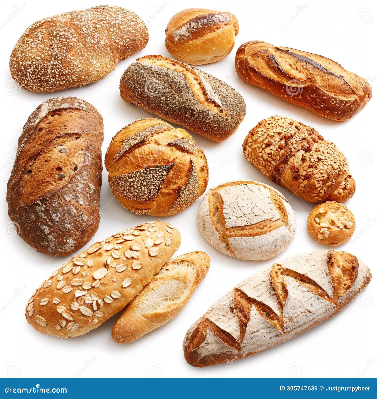 Bakery Selection: a Variety of Fresh, Crusty Loaves Isolated on White ...