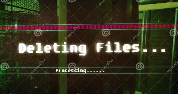 Image of Deleting Files, Processing Text on Interface Screen Over Computer Server Room Stock ...