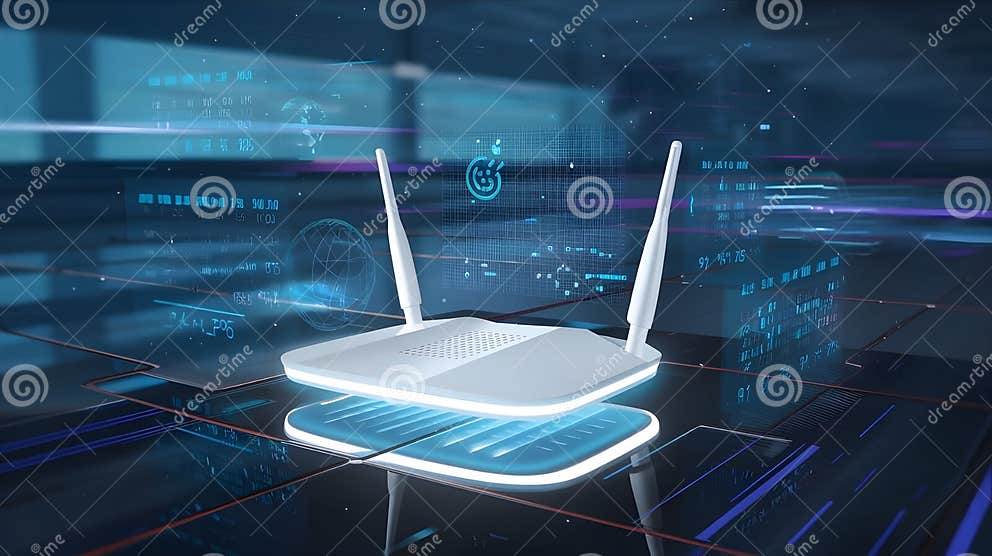 Modern Wireless Router with Digital Interface and Network Signals Stock ...