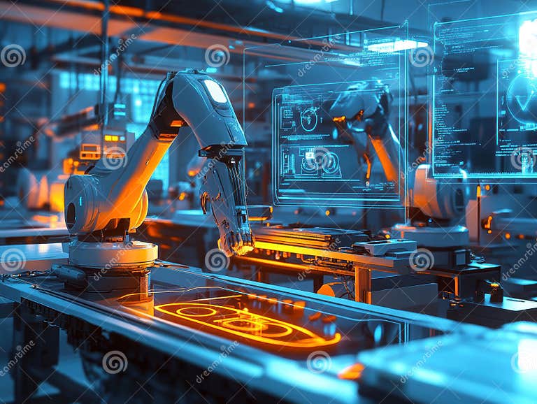 Image Depicts an Advanced Industrial Setting with Robotic Assembly ...