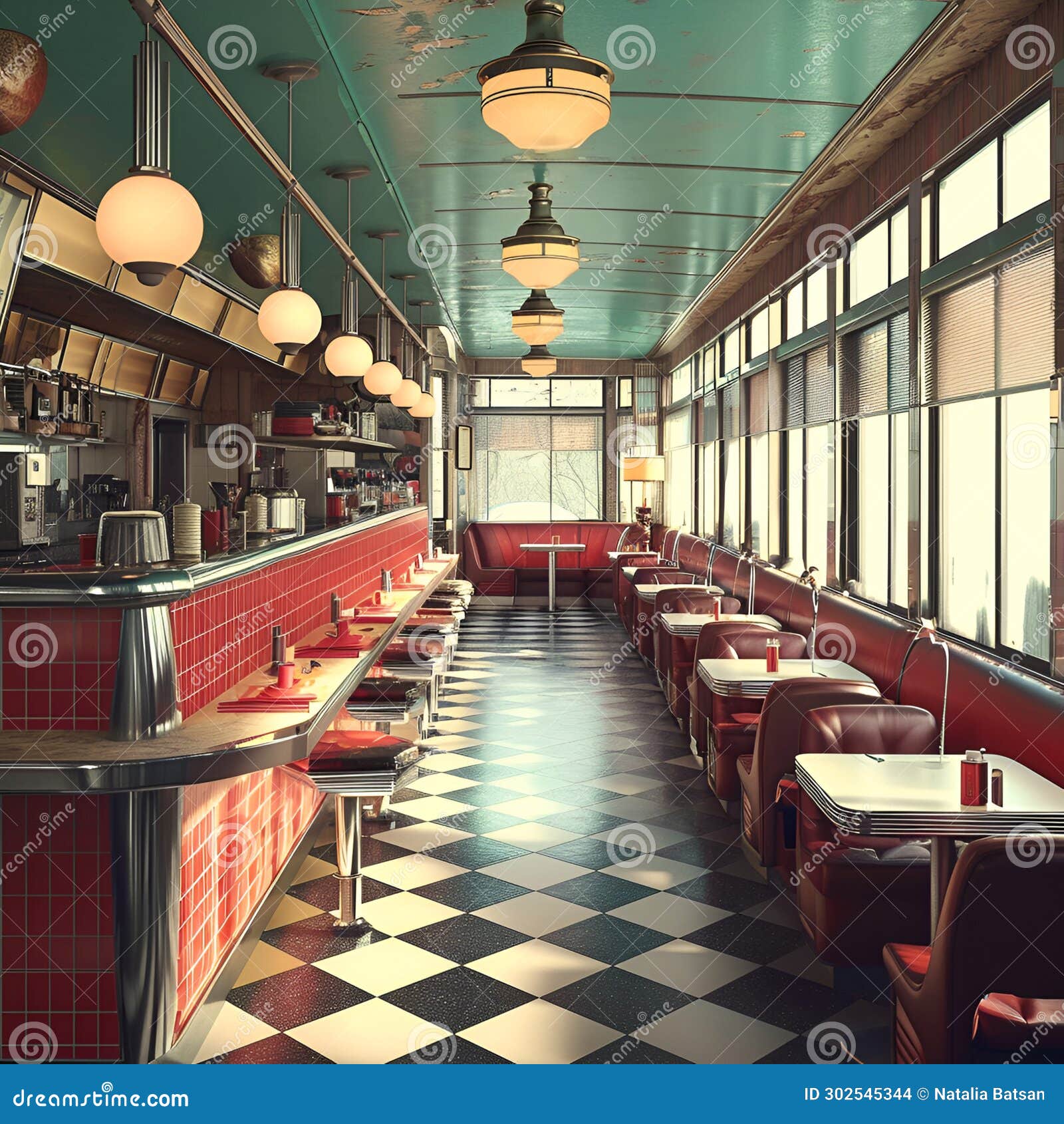An Inviting Diner With A Nostalgic Touch, Featuring A Checkered Floor ...