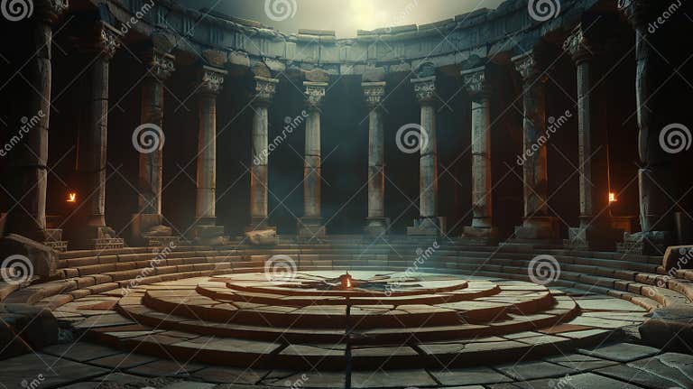 An Ancient Stone Structure with Columns Stands Tall in the Dim Light ...