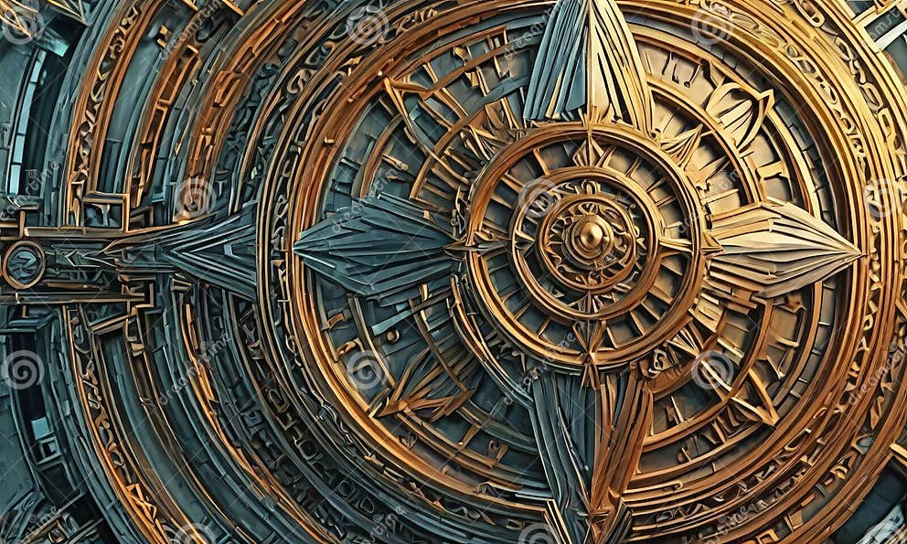 Close-up View Metallic, Intricate Design with Central Compass Rose and ...