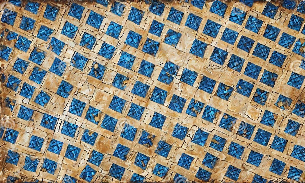 Close-up View Textured Surface with Repeating Pattern Blue and Brown Squares, Creating Sense ...