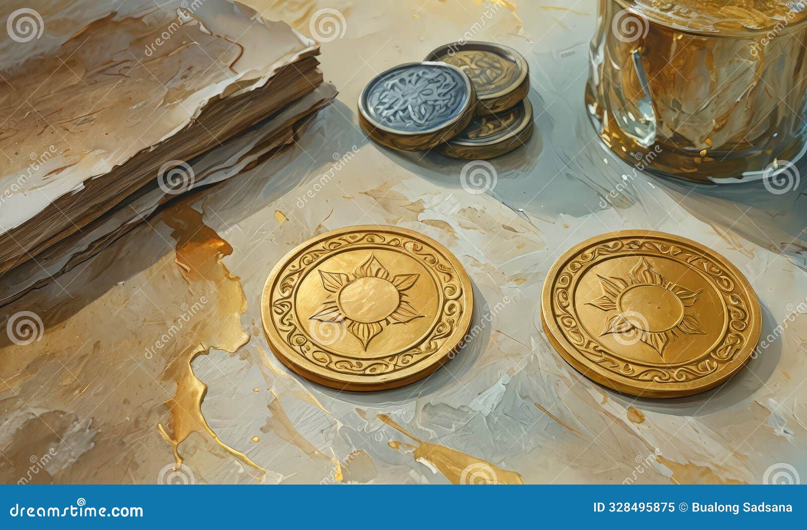 Two Gold Coins with Star-shaped Designs Rest on Textured Surface ...