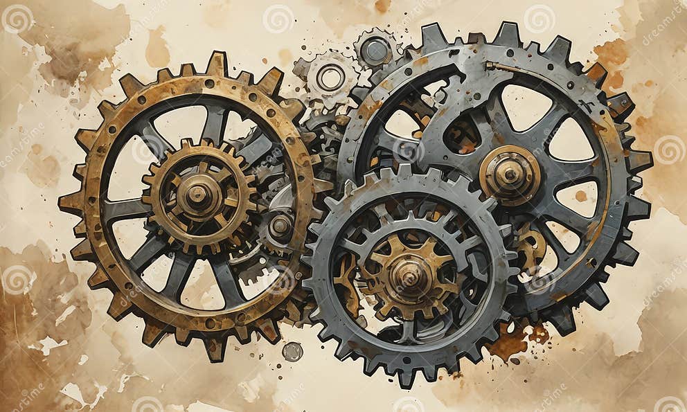 Mechanical Gear System with Three Interconnected Gears in Shades Gold ...