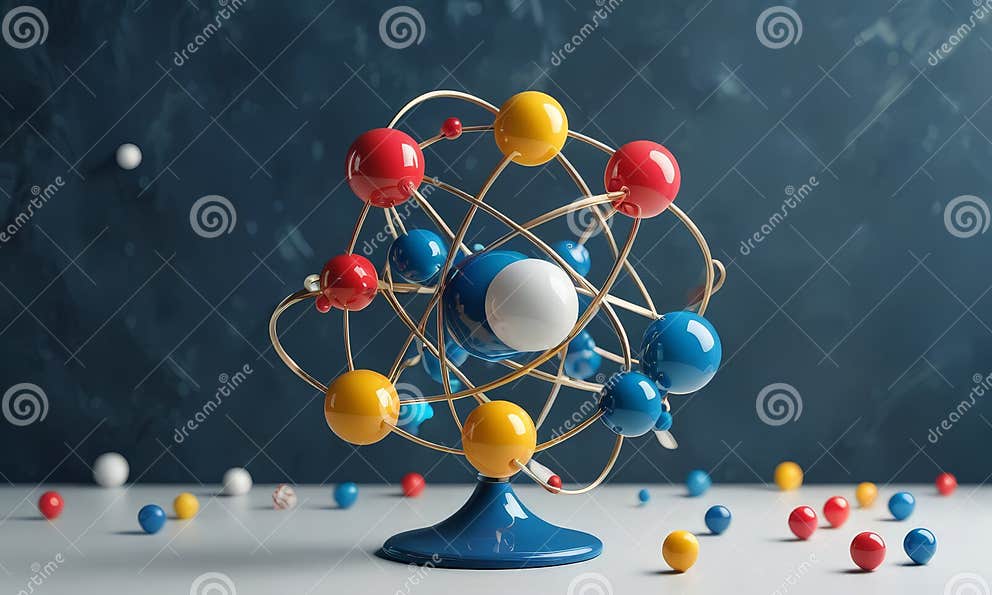 3D Colorful Atom Model, Composed Spheres and Wires, is Set Against Dark ...