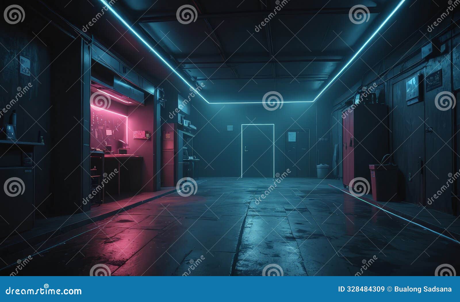 Dimly Lit Hallway With Concrete Walls, Wooden Benches, And Door With ...