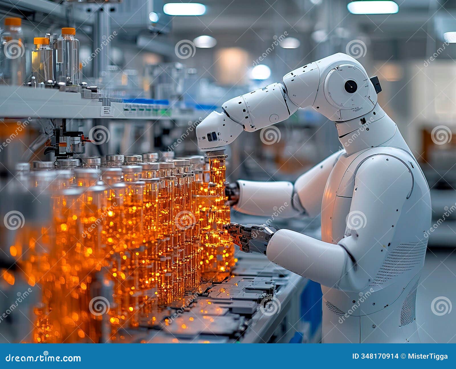 Image Depicts a Factory or Lab Environment with a Sleek, White Humanoid ...
