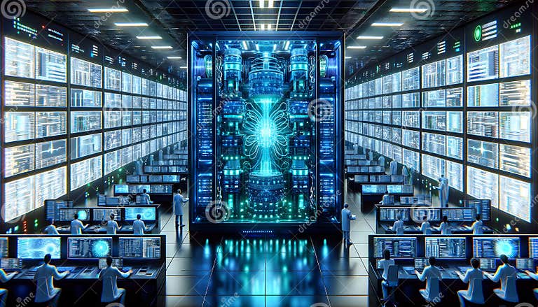 Futuristic Quantum Computing Data Center with Scientists and Monitors ...