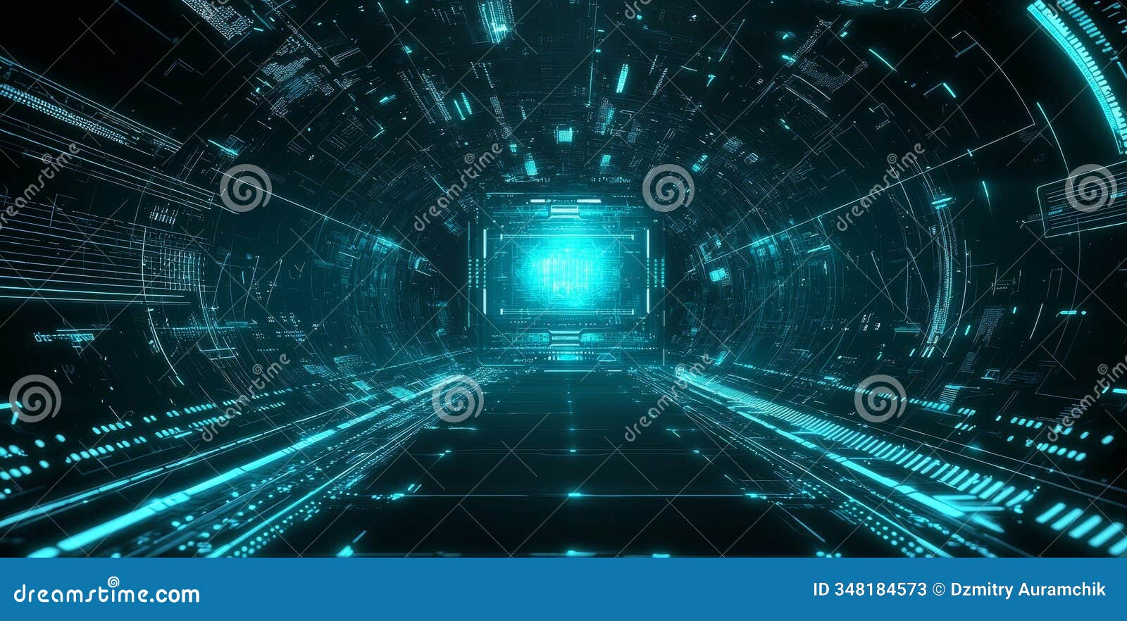 This Image Depicts a Futuristic Digital Tech Stage with a Horizontal ...