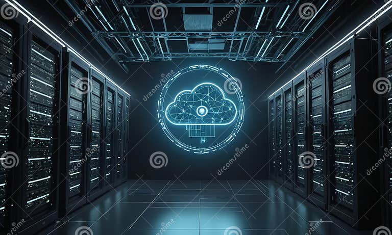 Futuristic Data Center with Rows Dark Racks and Glowing Blue Neon Cloud Icon on the Wall. Stock ...