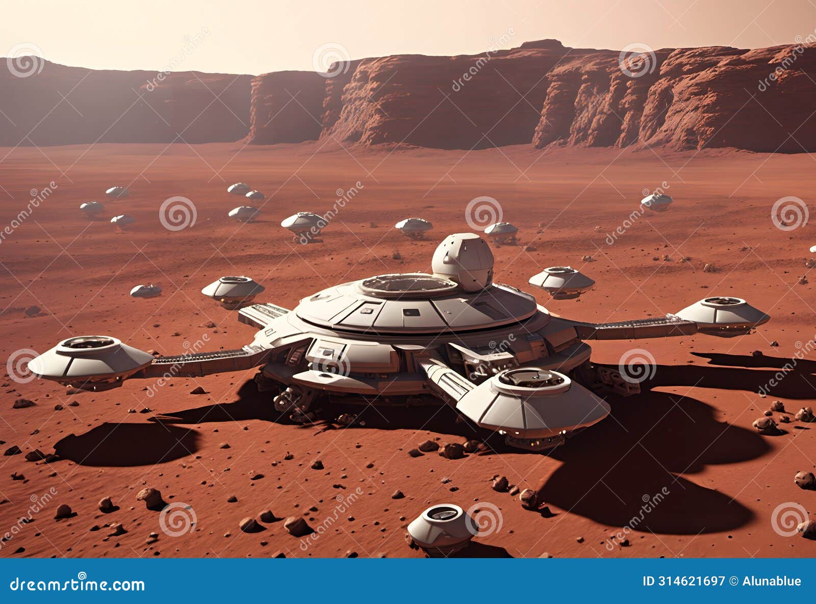 Futuristic Martian Outpost with Hovering Drones on Red Rocky Terrain ...