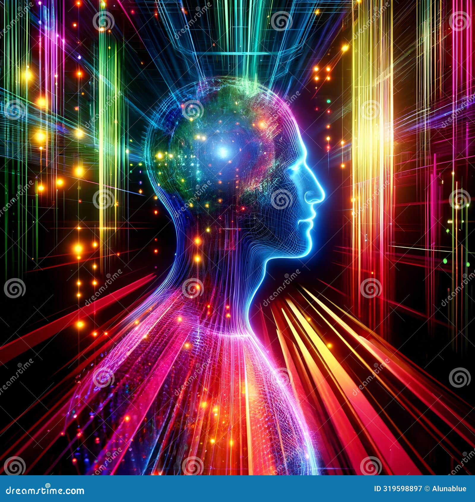 Futuristic AI Human Cognition with Neon Digital Patterns Stock Image ...