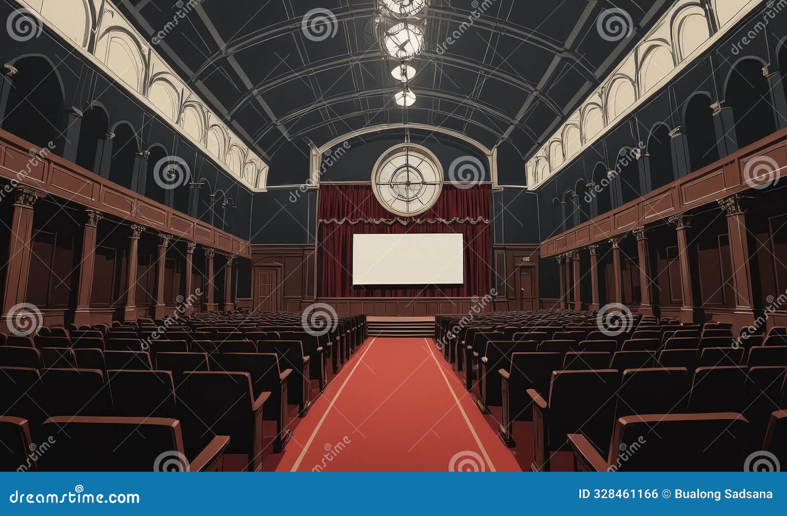 Grand Auditorium with High Arched Ceilings, Rows Wooden Chairs, and ...
