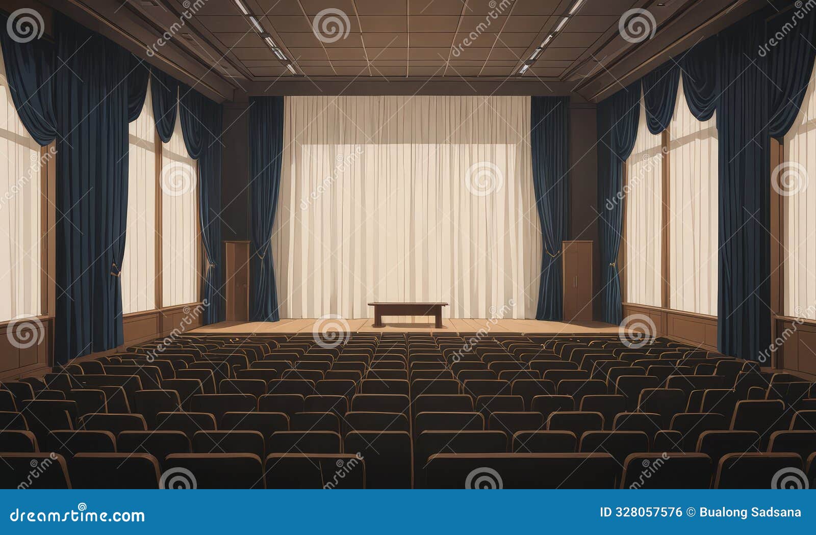 Spacious Auditorium with Rows Dark-colored Seats, Stage, and Blue ...
