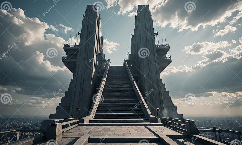 Grand Concrete Structure with Two Towering Pillars and Central ...