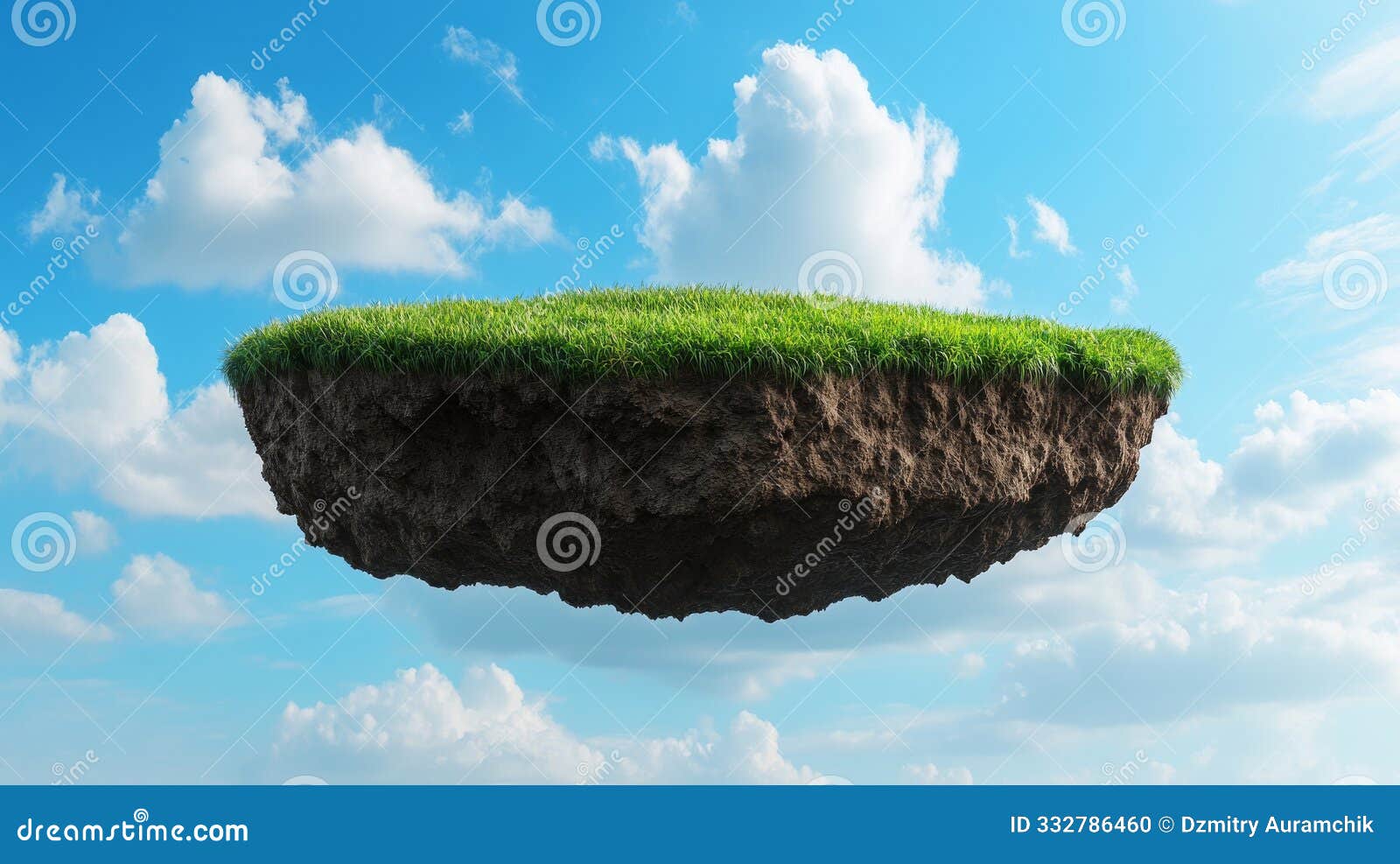 The Image Depicts a Green Grass Surface on a Floating Slice of Land ...