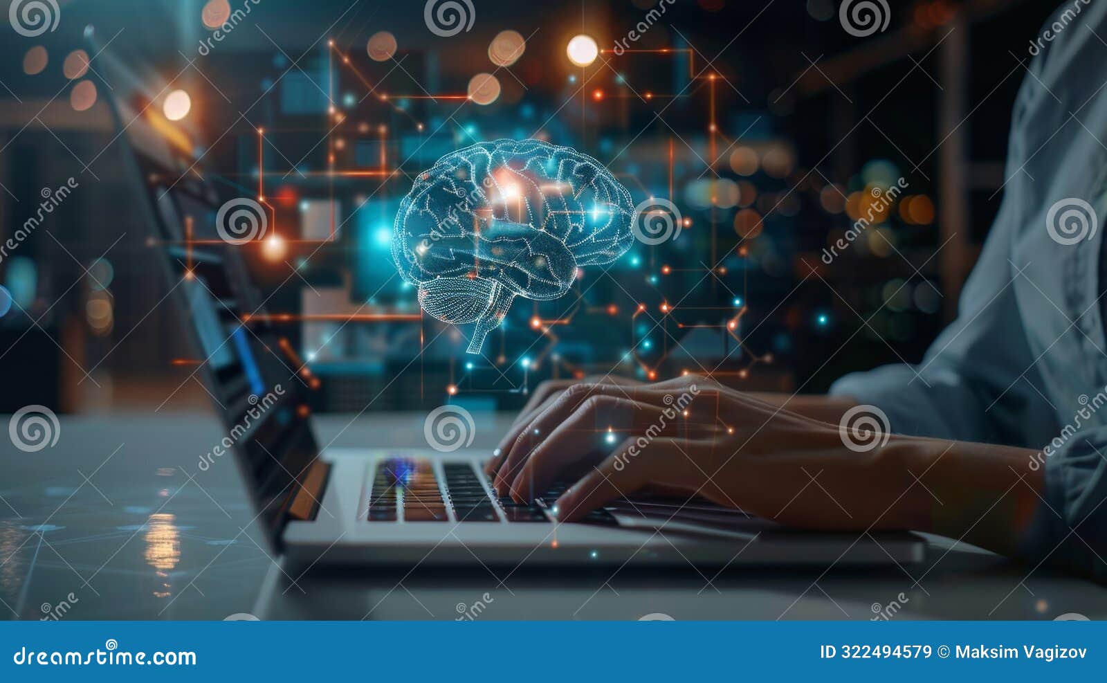 Hands Typing on Laptop with Holographic Brain, Generative AI Stock ...