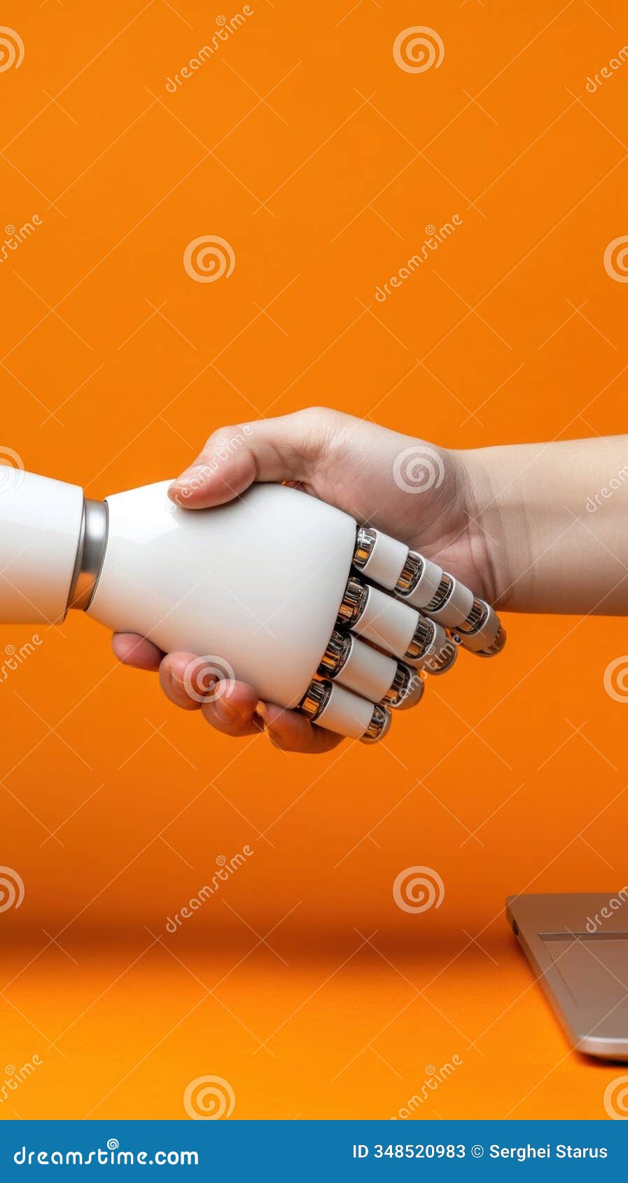 Human Hand Shakes a Robotic Hand Against a Vibrant Orange Background ...