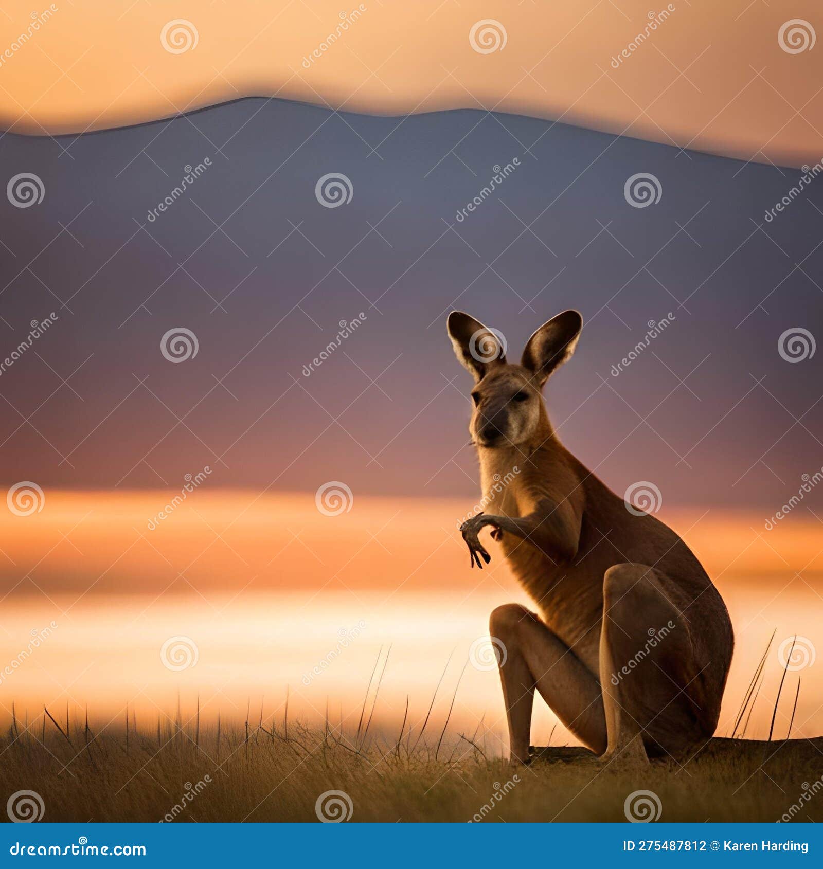 Kangaroo Sitting on the Grass at Sunset with Blurred Mountain in ...