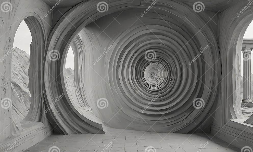 Monochrome Room with Large Circular Window, Arched Door, and Spiral ...