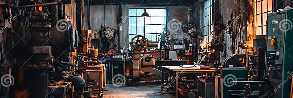 Cluttered Workshop Filled with Tools and Machinery Stock Illustration ...
