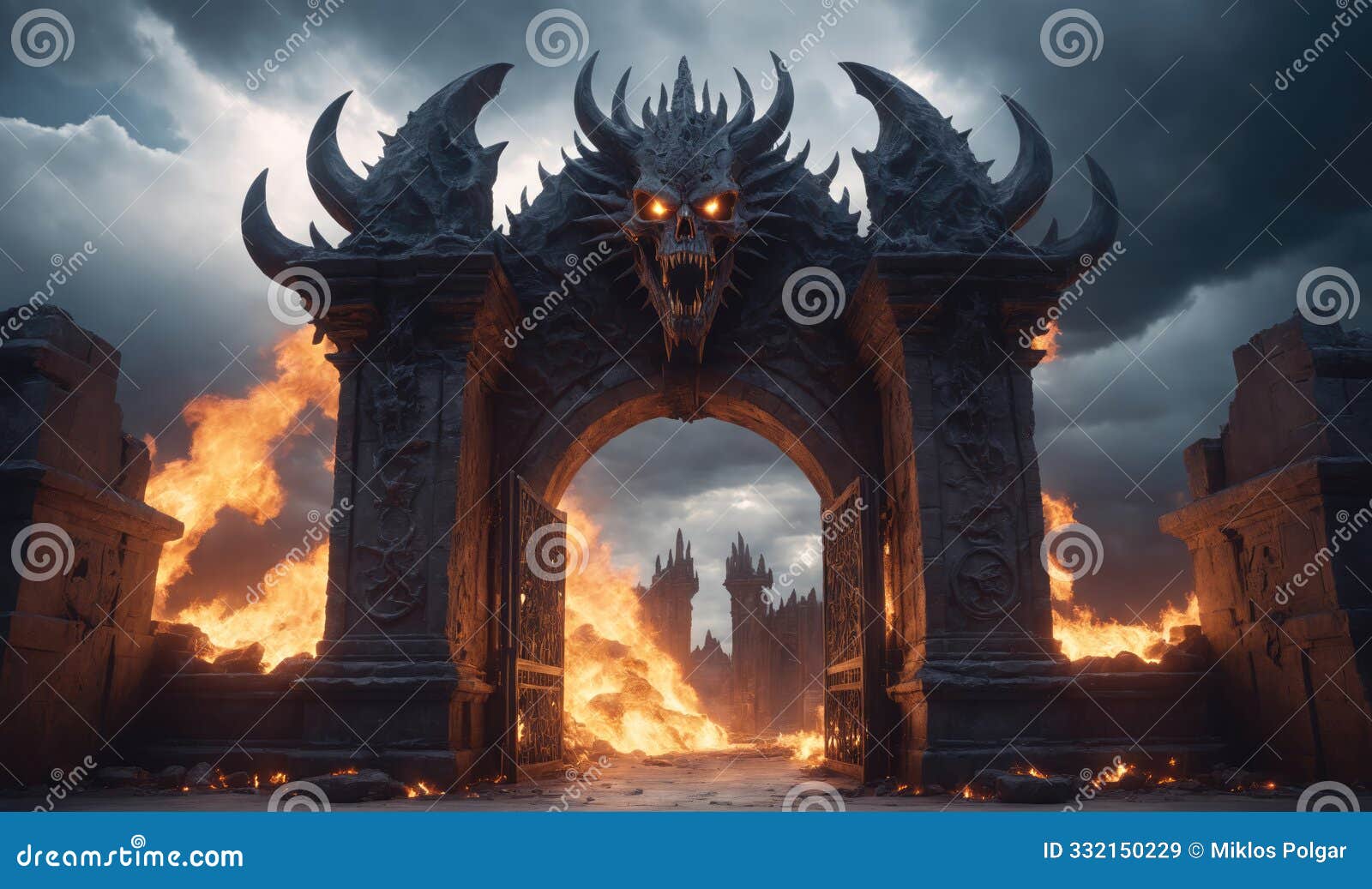 A Fiery Gate with a Dragon Head, Burning on Both Sides, Opens To a Dark ...