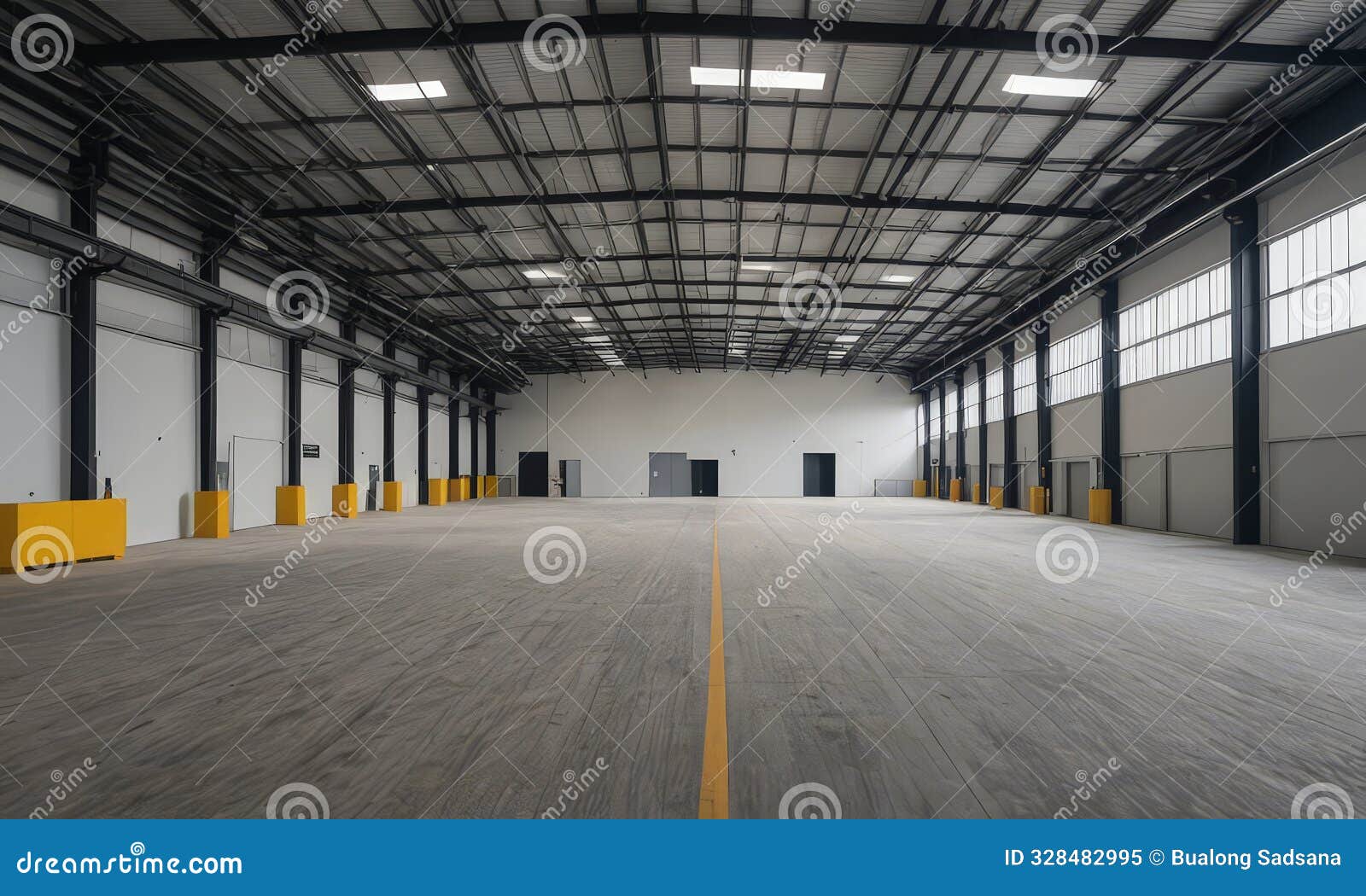 Spacious Warehouse With High Ceiling, Metal Beams, And Yellow Safety ...