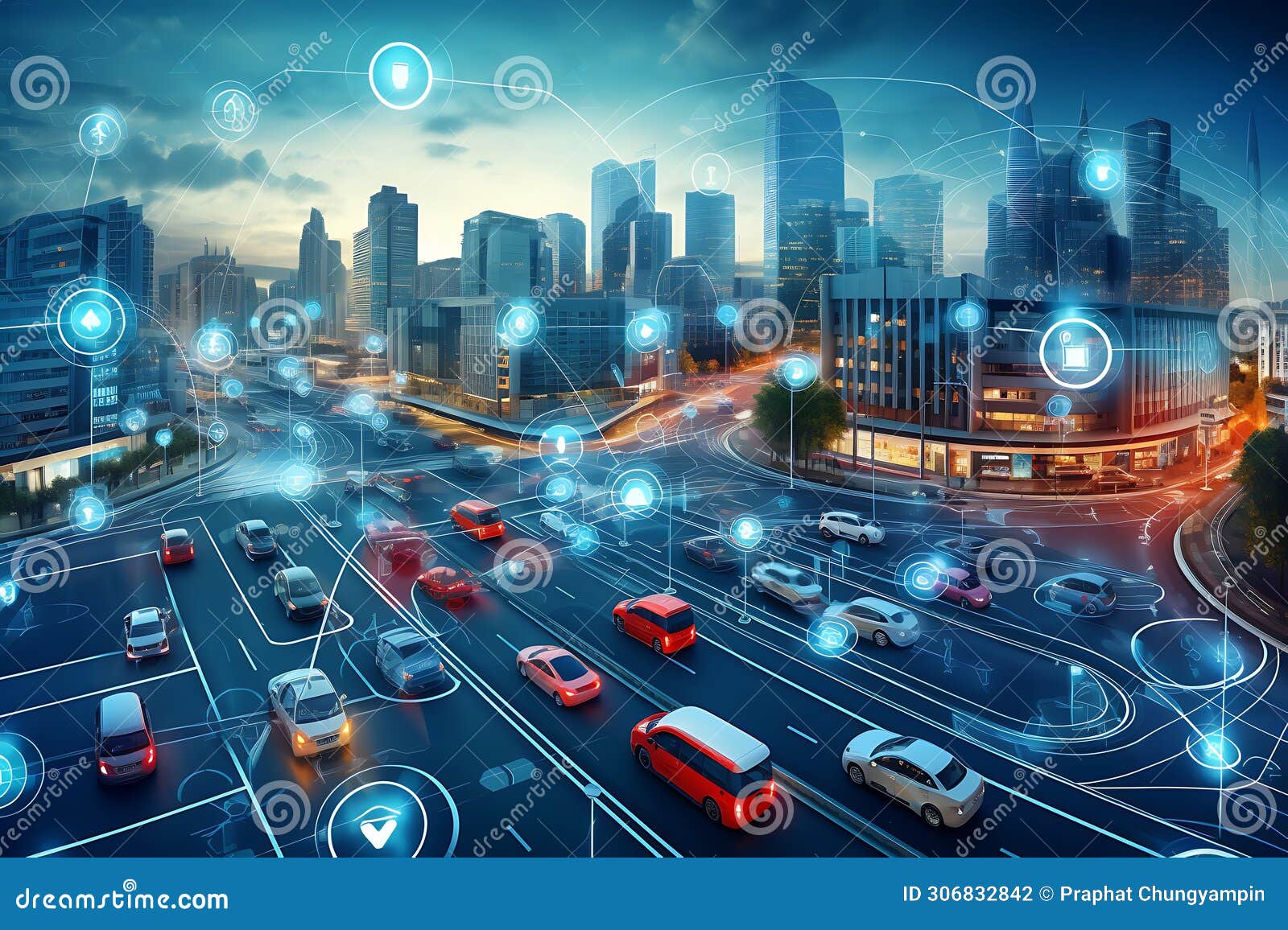 The Image Depicts a Lively Urban Environment Where Digital Networks and ...