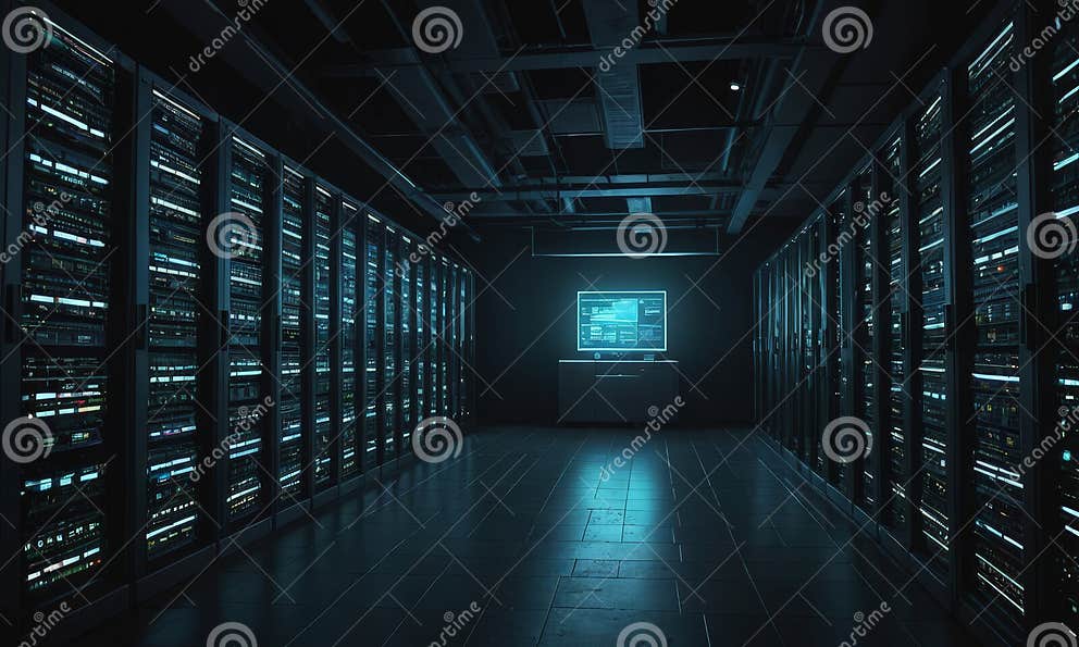 Dimly Lit, Long Corridor with Rows Computer Servers on Either Side ...