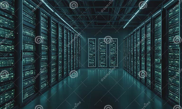 Dimly Lit, Long Corridor with Rows Computer Servers on Either Side ...